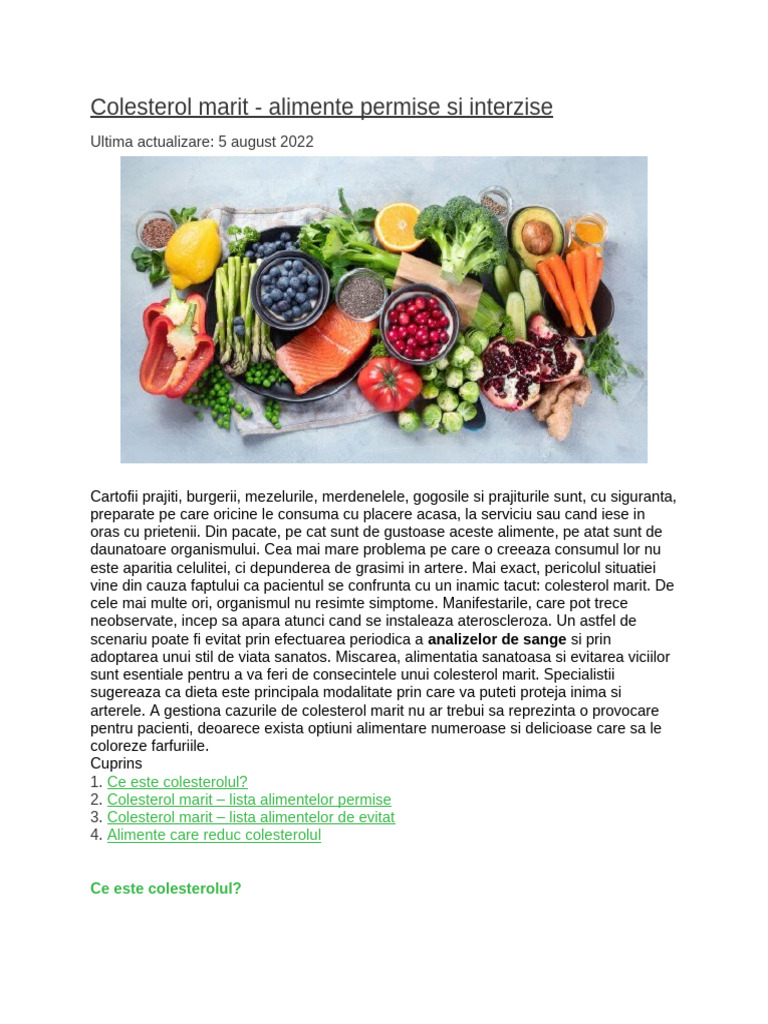 Colesterol Marit - Alimente Permise Si Interzise | PDF