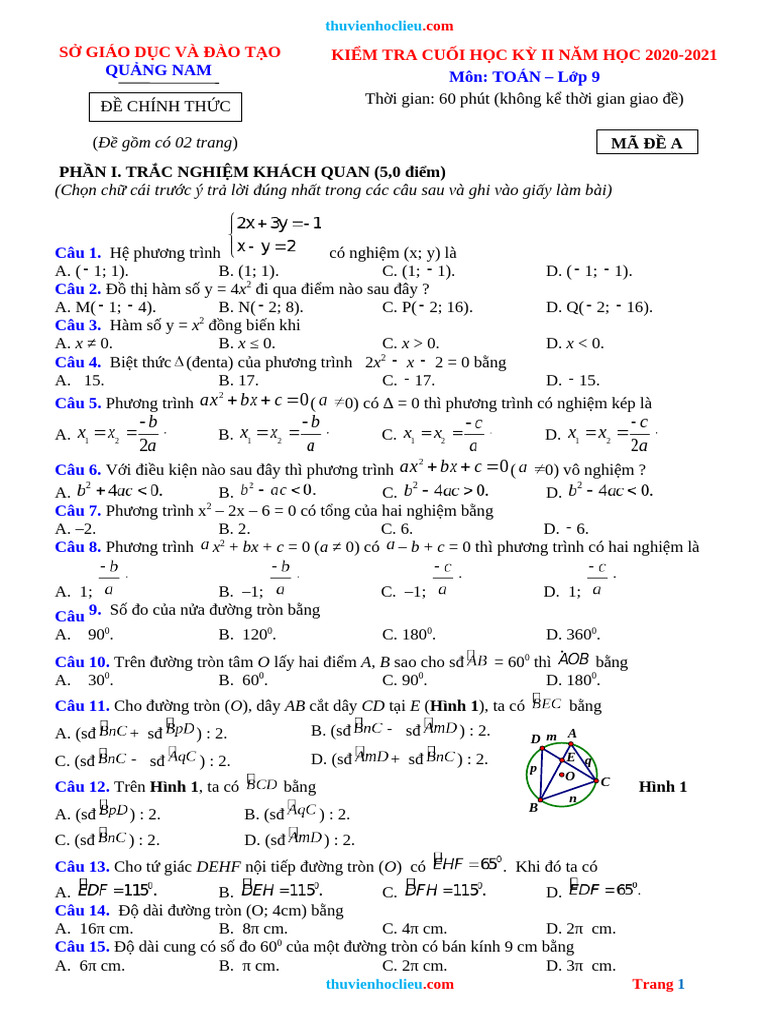 De Thi HK2 Toan 9 So GD Quang Nam 2020 2021 Co Dap An | PDF