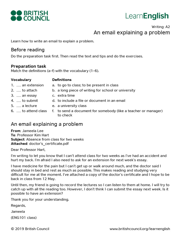 LearnEnglish Writing A2 An Email Explaining A Problem | PDF