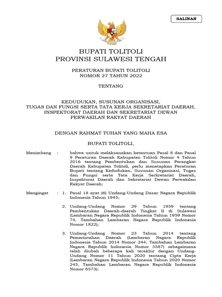 Perbup Nomor 27 Tahun 2022 Tentang Sotk Setda, Inspektorat, Sekretariat ...