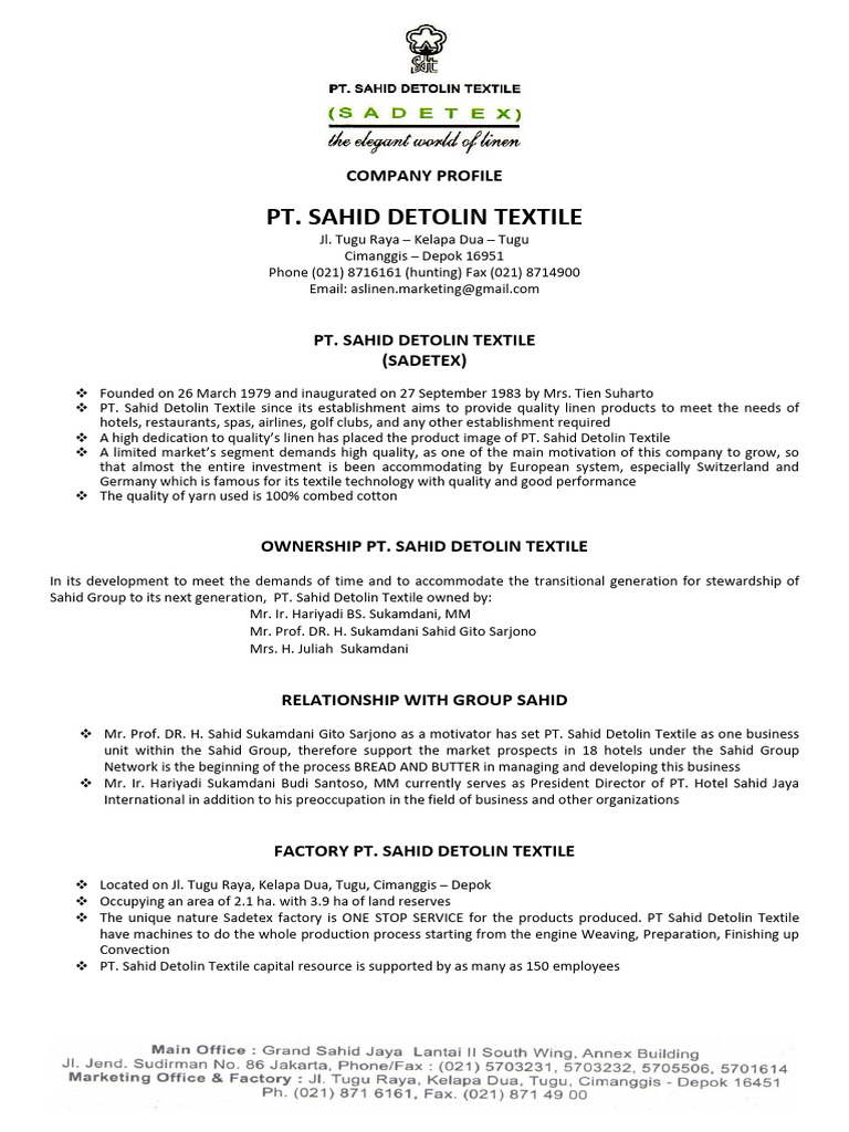 PT. Sahid Detolin Textile Overview | PDF | Jakarta
