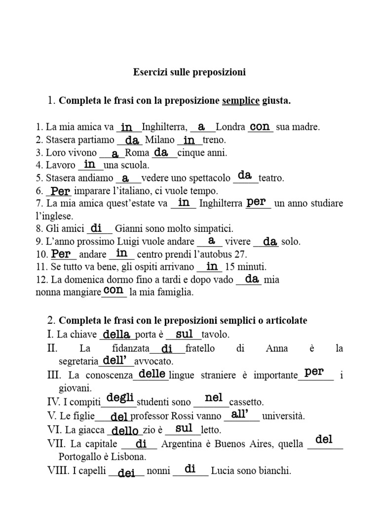 Esercizi Sulle Preposizioni | PDF