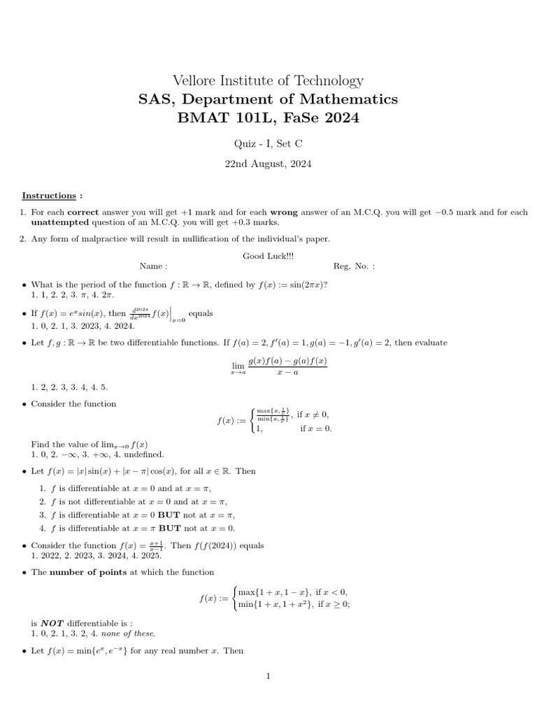 Fall 24-25 BMAT101L Sample Quiz | PDF
