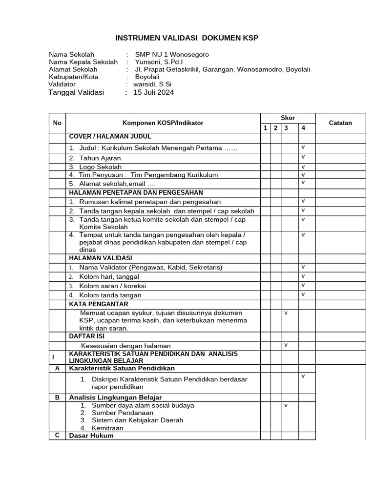 INSTRUMEN VALIDASI KSP SMP NU 1 Wns | PDF