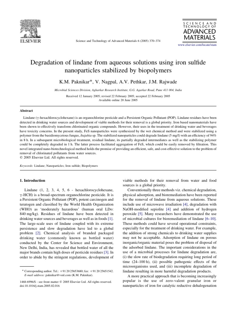 68-Degradation of Lindane From Aqueous Solutions Using Iron Sulfide ...