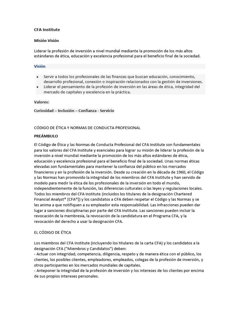Código de ética y conducta Profesional CFA | PDF