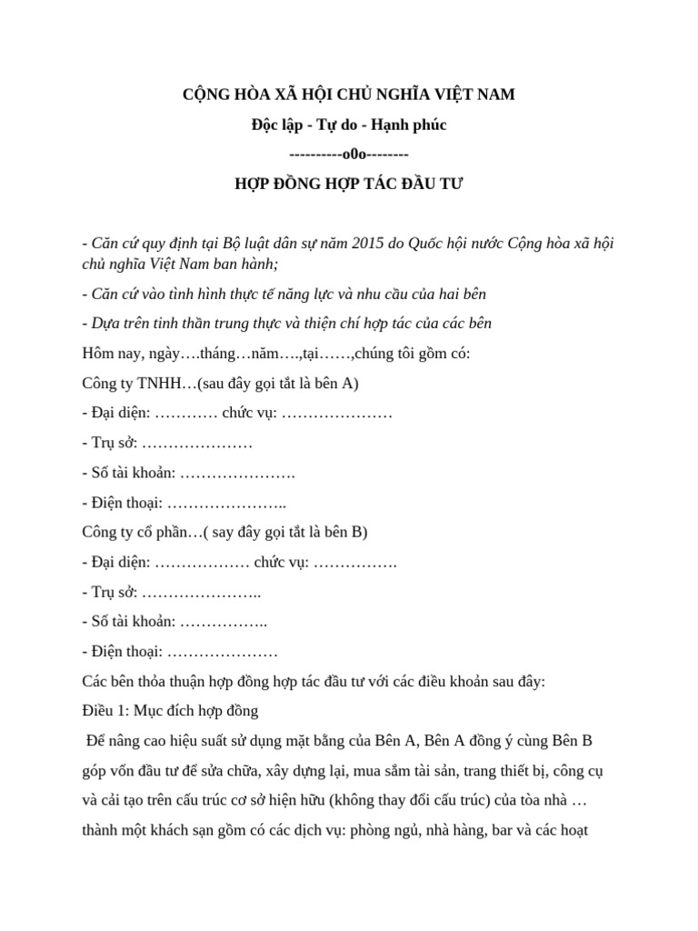 Mau Hop Dong Hop Tac Dau Tu | PDF