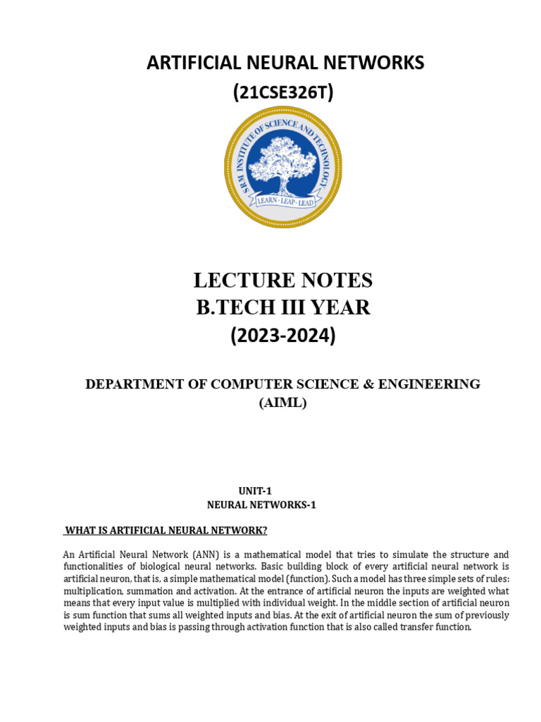 Artificial Neural Networks Notes Syllabus Unit-1 | PDF | Axon ...