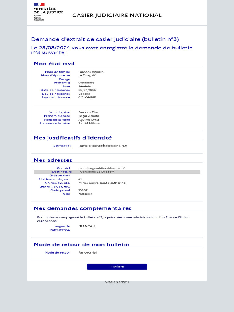 Demande D'extrait de Casier Judiciaire (Bulletin N°3) - Impression Du Récapitulatif de Mes ...