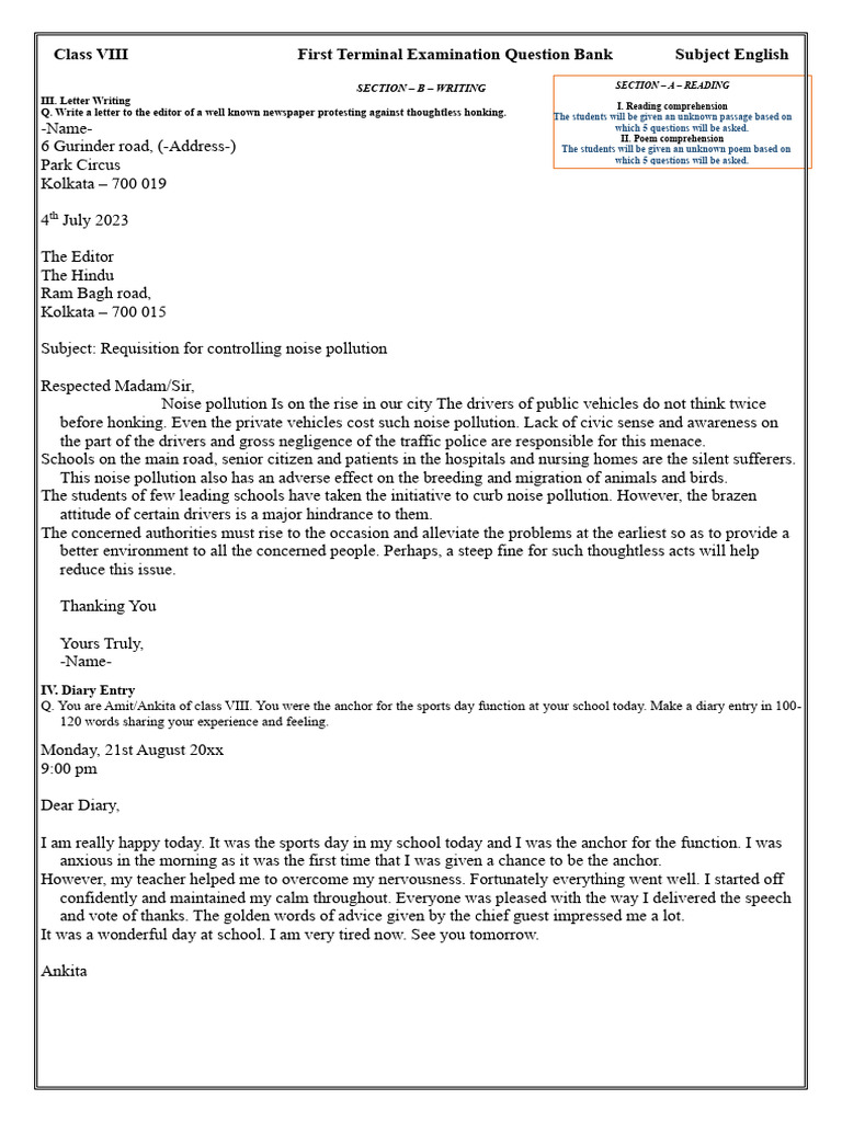 Class 8-English-Question-Bank-Term-1 | PDF