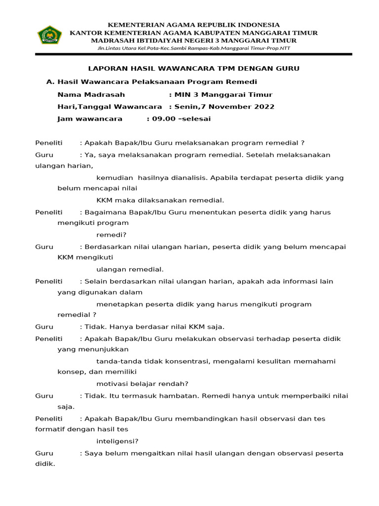 Laporan Hasil Wawancara TPM Dengan Guru | PDF