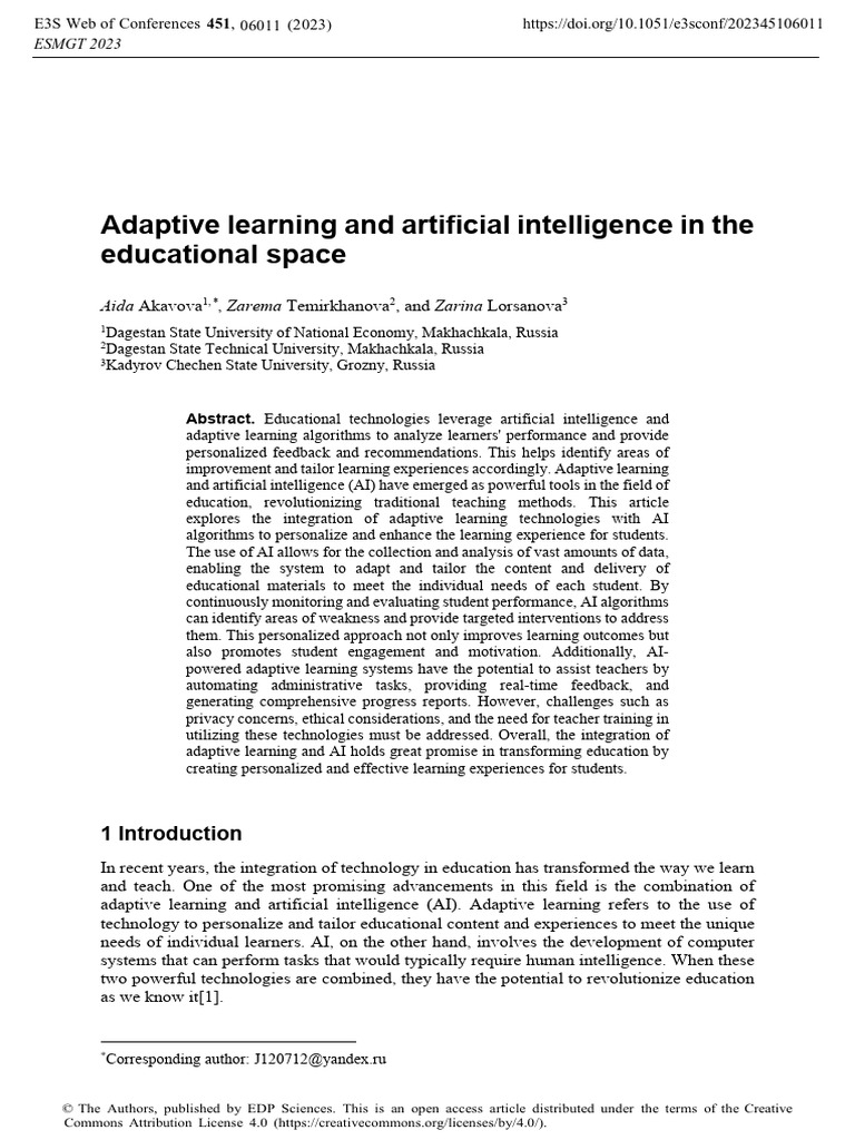 Adaptive Learning and Artificial Intelligence in T | PDF | Artificial Intelligence ...