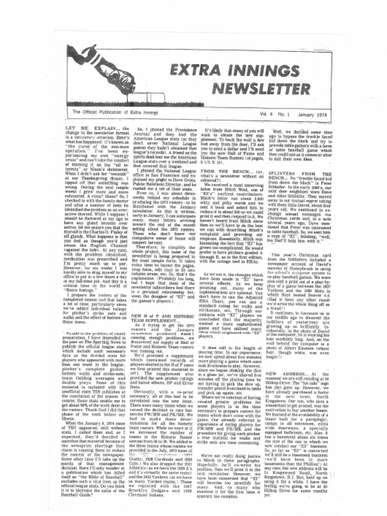Extra Innings Newsletter Vol 4 No 1 | PDF