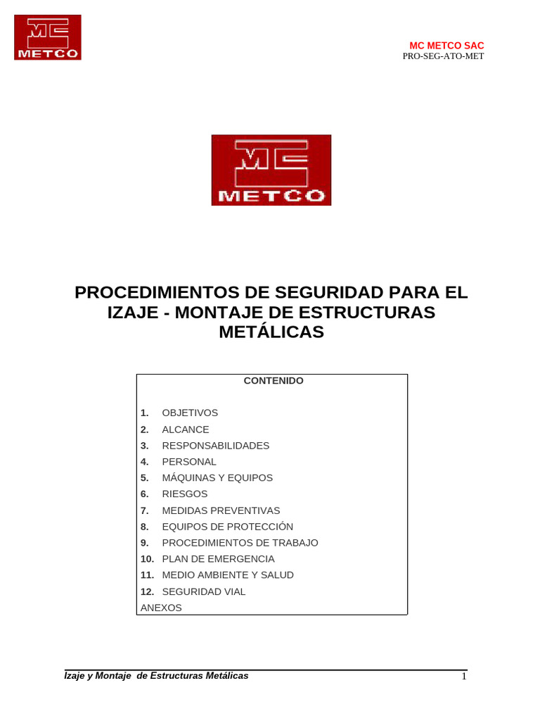 03 Procedimientos Izaje y Montaje de Estructuras - METCO | PDF