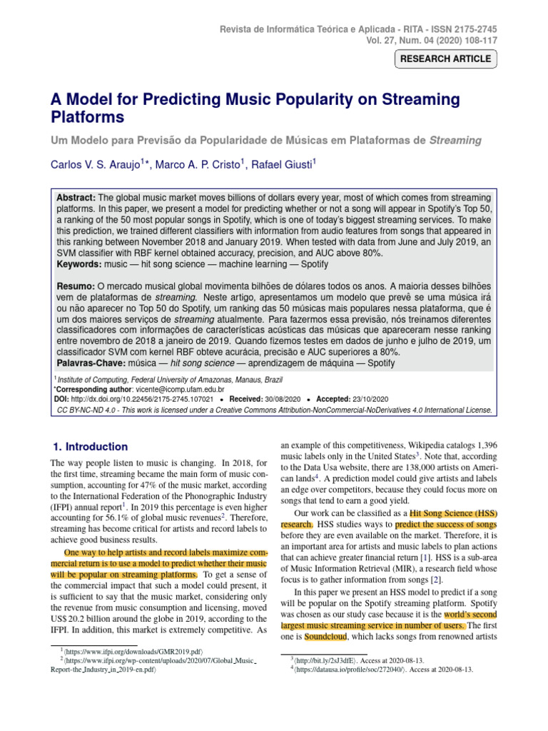 A Model For Predicting Music Popularity On Streami | PDF | Support Vector Machine | Social Science