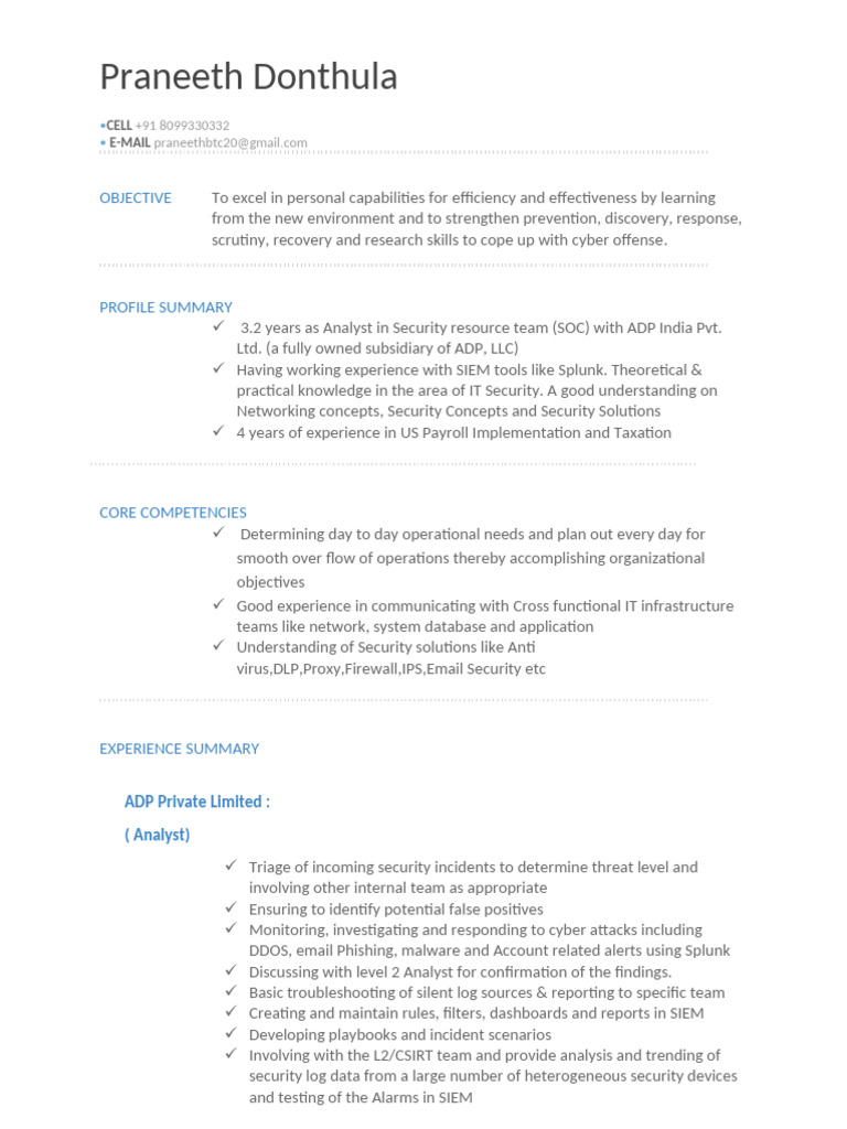 Praneeth - CyberSecurity Resume | PDF