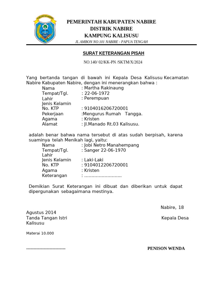 Surat Keterangan Pisah | PDF