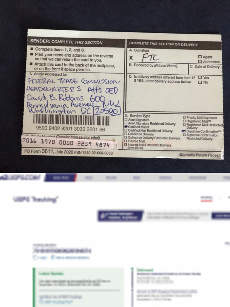 Notice of Life Confirmed Signature Delivery To FEDERAL TRADE COMMISSION ...