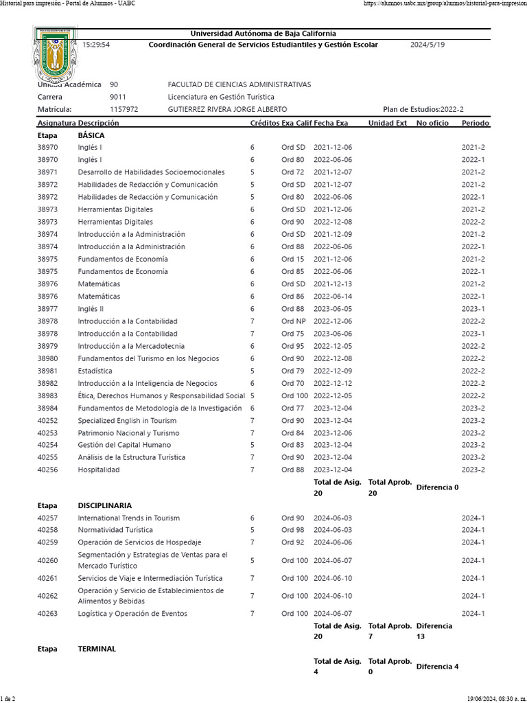 Historial para Impresión - Portal de Alumnos - UABC | PDF