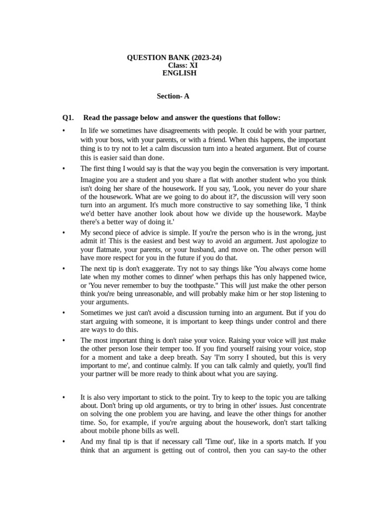 Question Bank Class XI English | PDF