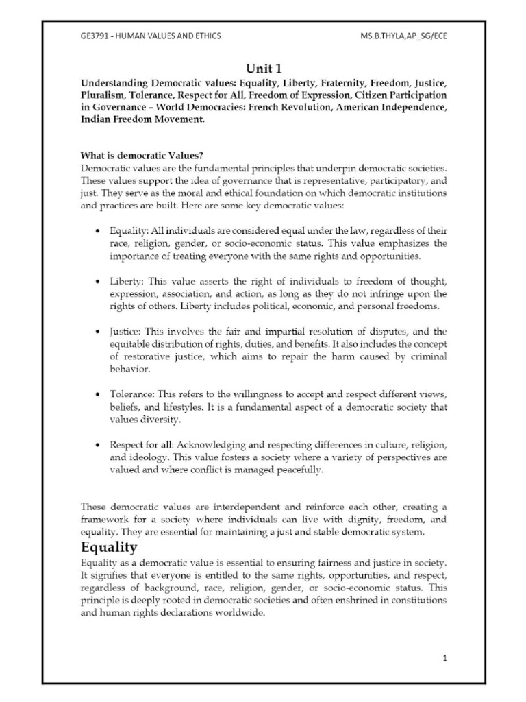 Unit 1 - Democratic Values | PDF