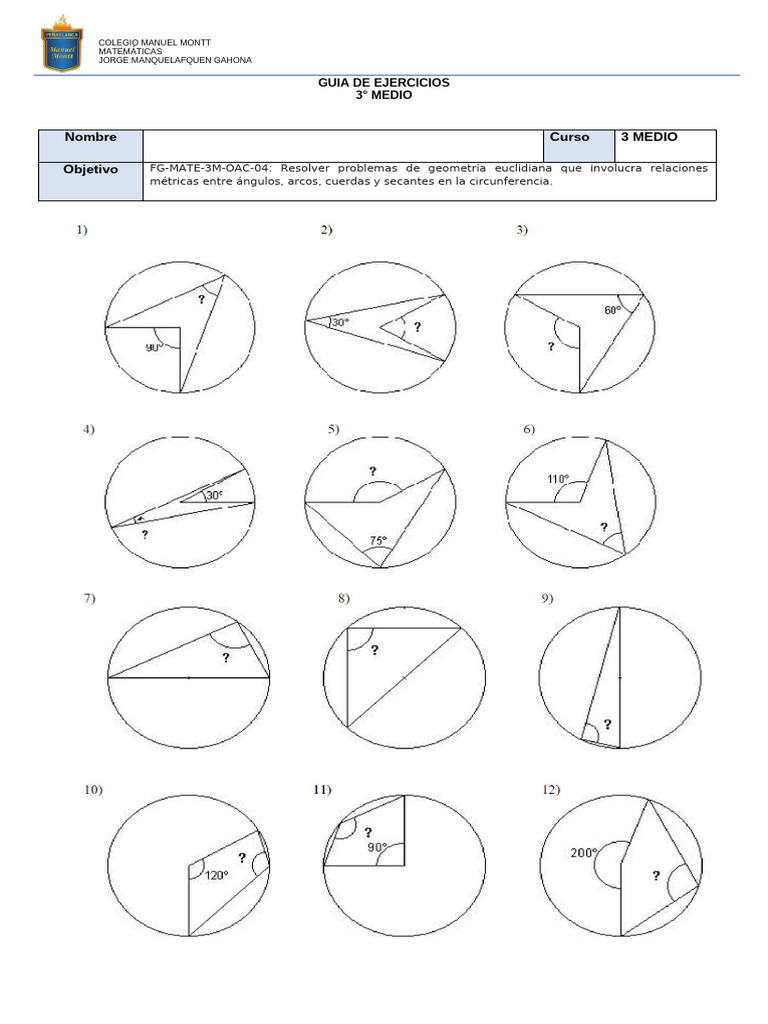 Guia de Ejercicios Angulos de Centro e Inscrito en La Circunferencia | PDF