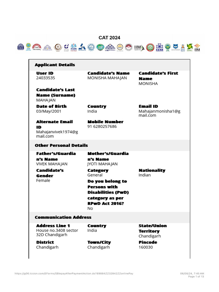 CAT 2024 Application Form Monisha | PDF