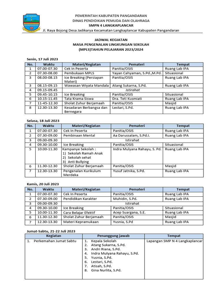 Jadwal Kegiatan Mpls 2023 | PDF