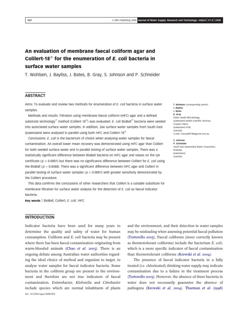 An Evaluation of Membrane Faecal Coliform Agar and Colilert-18® For The Enumeration of E. Coli ...
