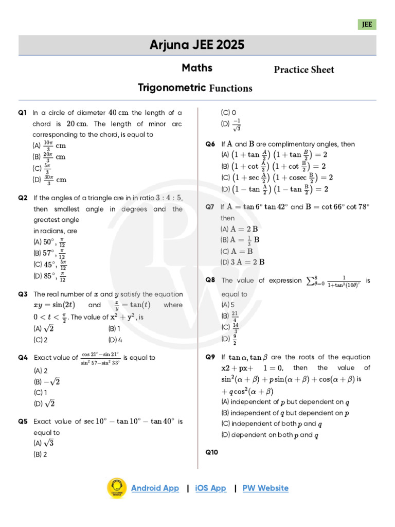 66b0b5be365c002c327e3a5e - ## - Trigonometric Functions - Practice Sheet - Arjuna JEE 2.0 2025 | PDF
