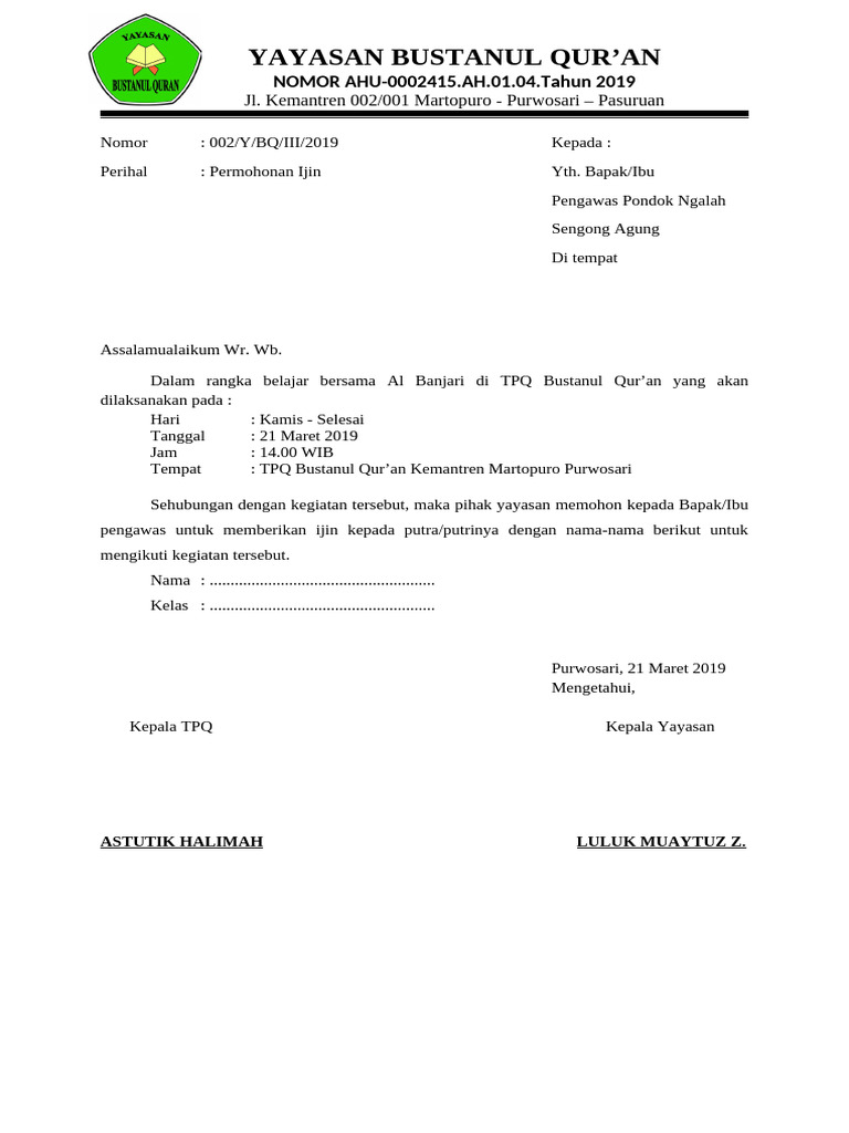 Surat Izin Pondok | PDF