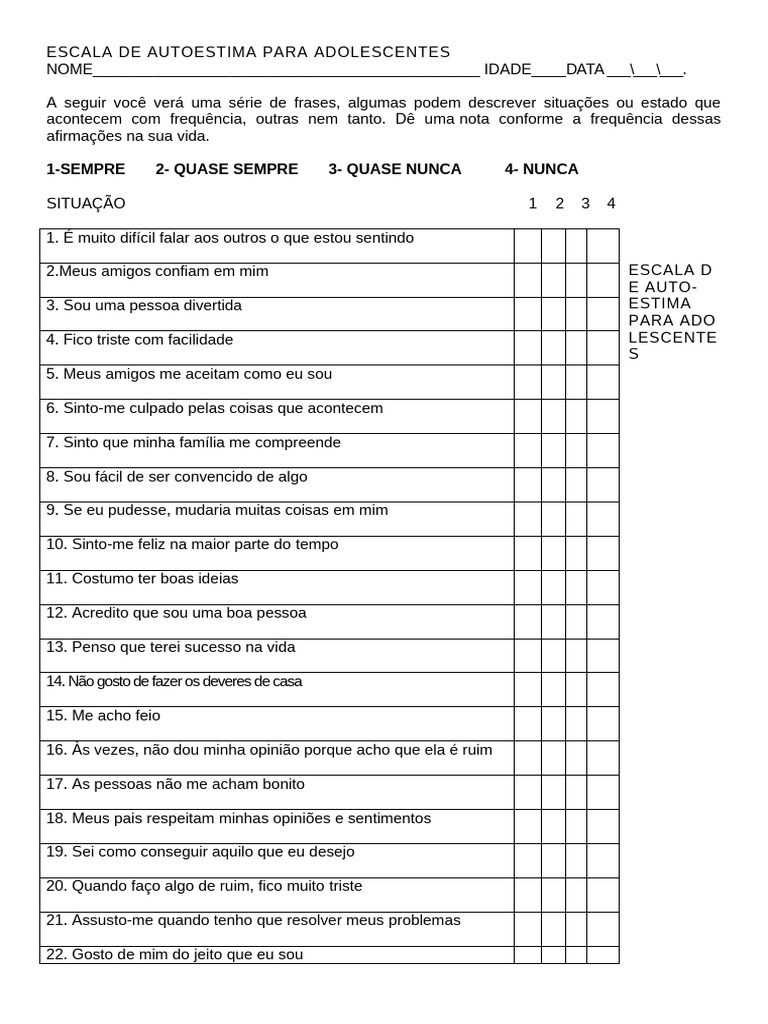 ESCALA de Auto Estima para Adolescentes | PDF