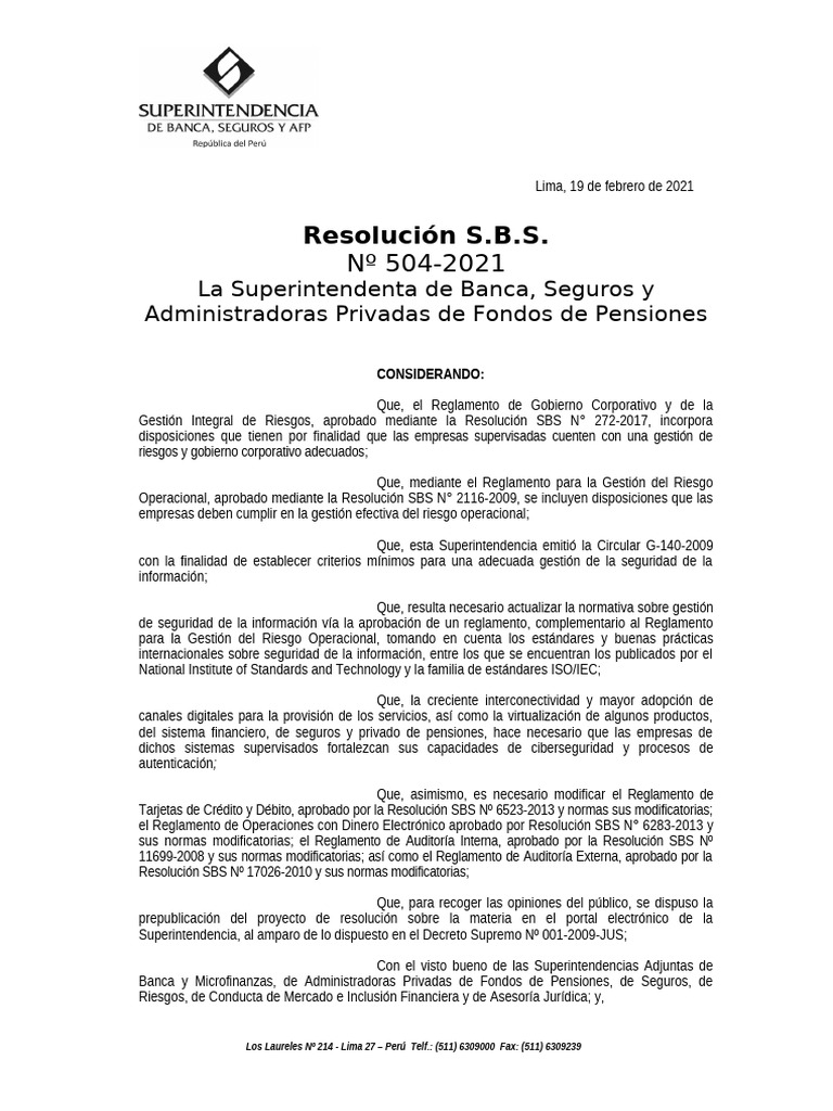 Resolución S.B.S.: La Superintendenta de Banca, Seguros y Administradoras Privadas de Fondos de ...