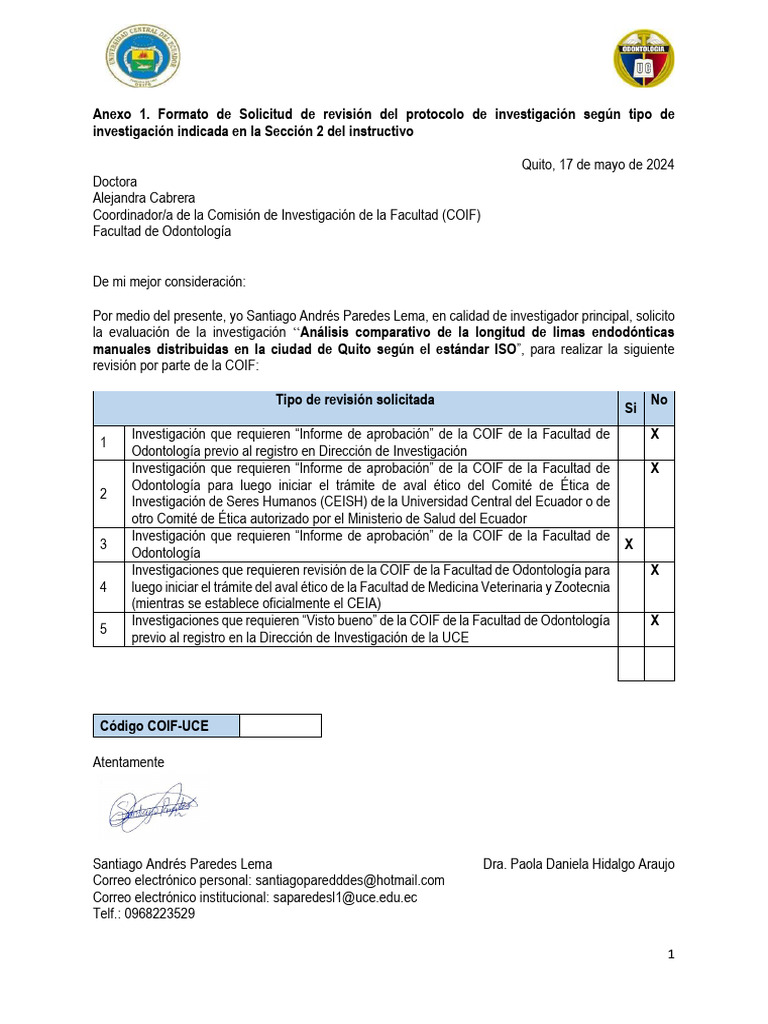 Formato de Solicitud de Revisión Del Protocolo de Investigación Según Tipo de Investigación ...