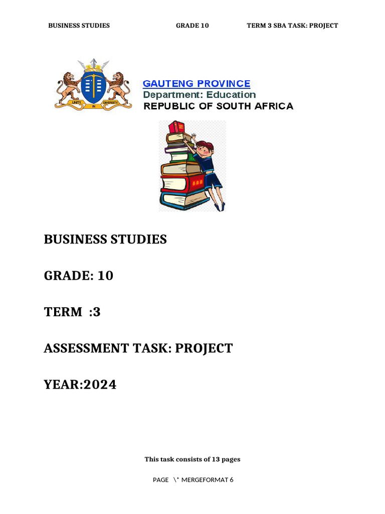 2024 Business Studies Grade 1o Term 3 Sba Task Project Pdf