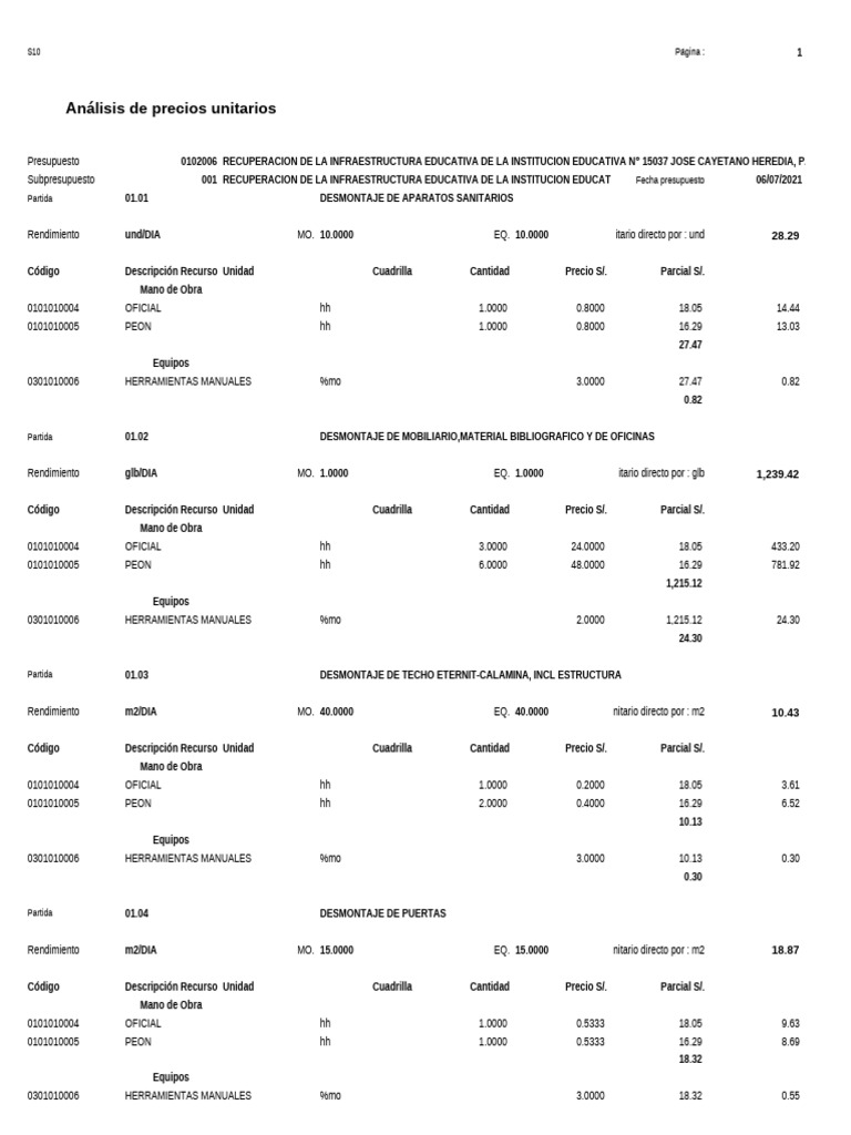 Análisis de Precios Unitarios: Página | PDF