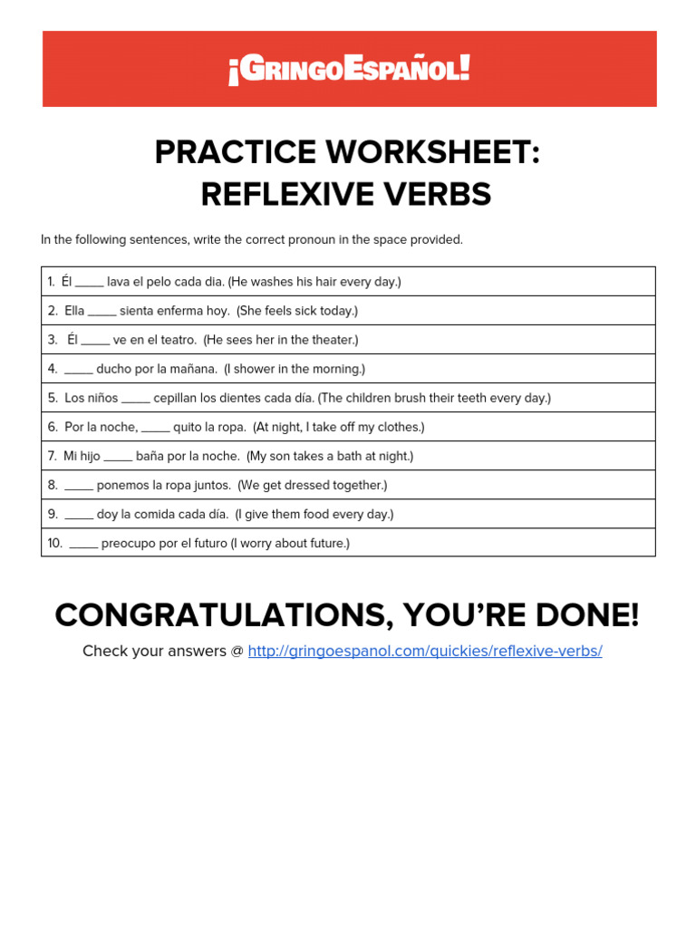 Practice Worksheet Reflexive Verbs | PDF