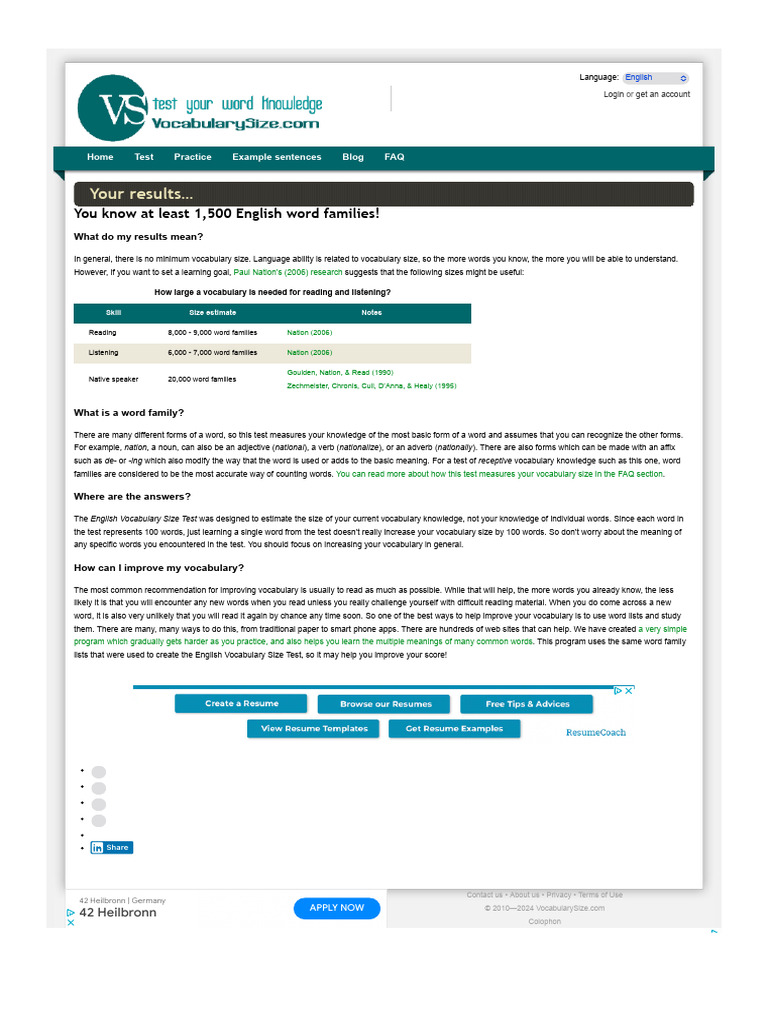 Test Your Vocabulary Online With VocabularySize - Com - Your English ...