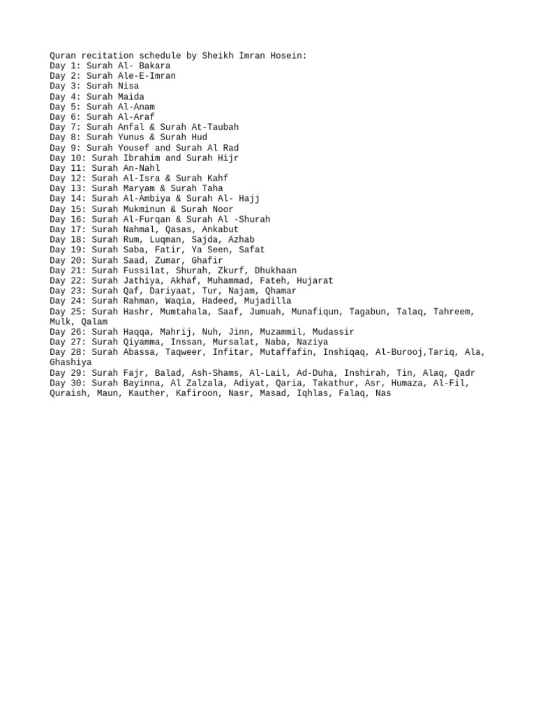 Quran Recitation Schedule by Sheikh Imran Hosein | PDF