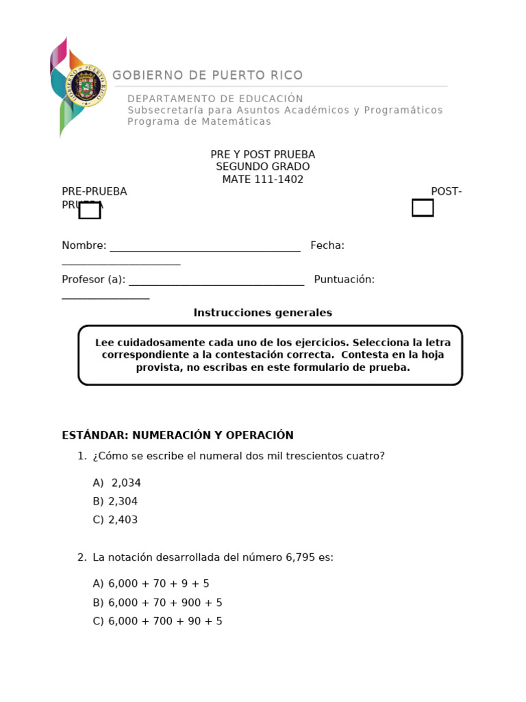 Pre Prueba Segundo Grado 2022 | PDF