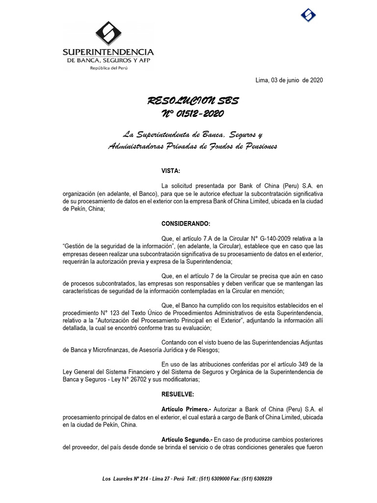 Resolucion Sbs #01512-2020: La Superintendenta de Banca, Seguros y Administradoras Privadas de ...