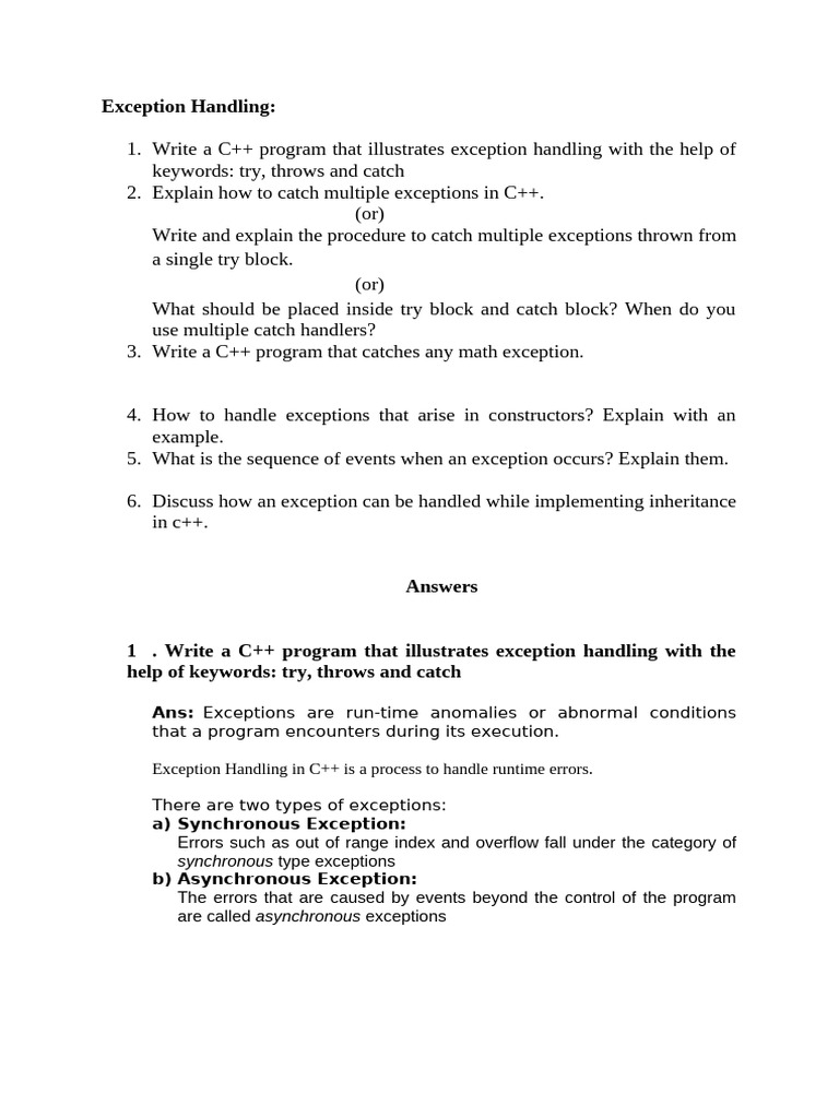 Exception Handling Important Questions | PDF