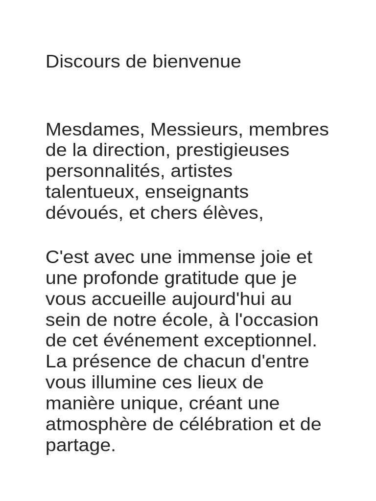 Discours de Bienvenue | PDF