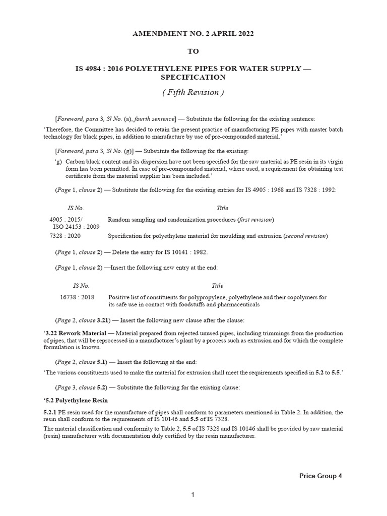 (Fifth Revision) : Amendment No. 2 April 2022 TO Is 4984: 2016 ...
