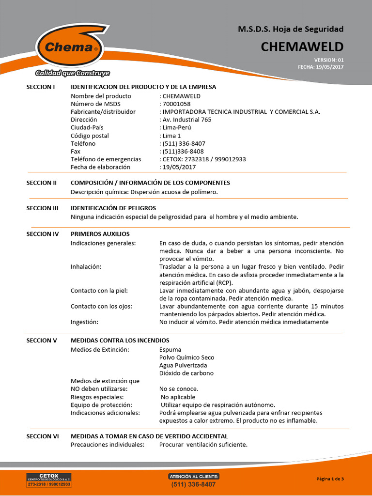 Hoja de Seguridad Chemaweld V01 HS | PDF