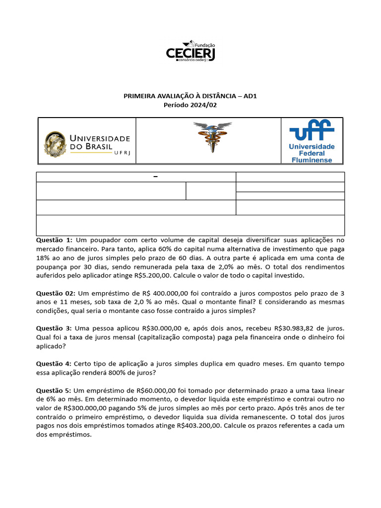 AD1 2024.02 Questões - Matemática Financeira Final | PDF