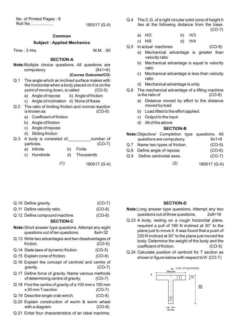 Common 1 Year Applied Mechanics 180017 2022 | PDF | Friction ...