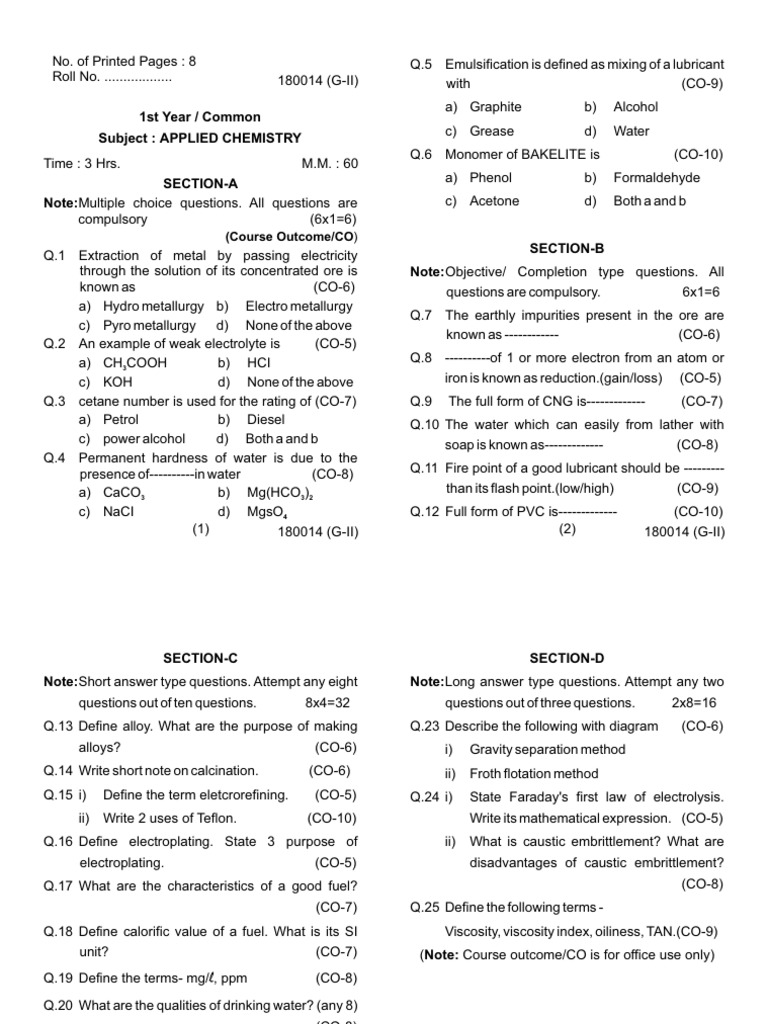 Applied Chemistry Exam Questions | PDF | Chemistry | Materials Science