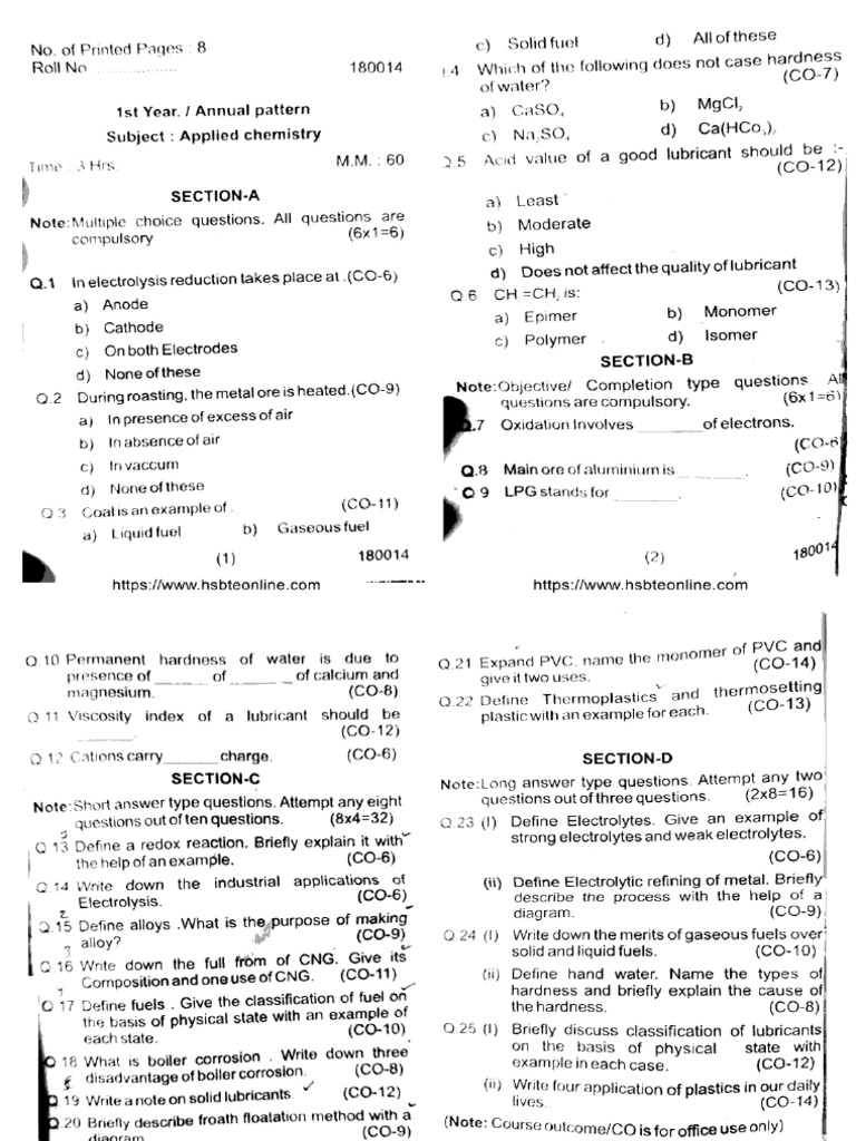 Common 1 Year Applied Chemistry 180014 2023 | PDF