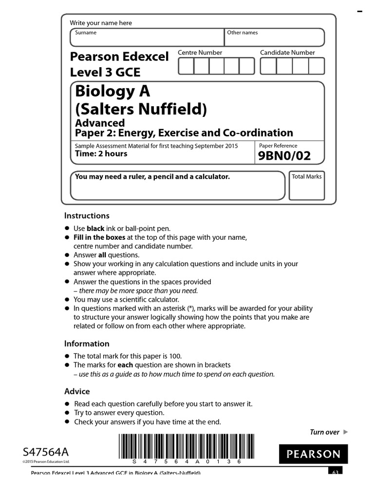 Specimen QP - Paper 2 Edexcel (A) Biology A-Level | PDF